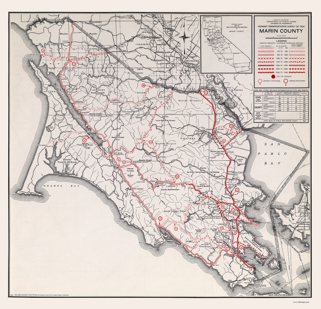 Marin County 1935 Highway Map - 85 Years Ago - Old Wall Map Reprint - Etsy