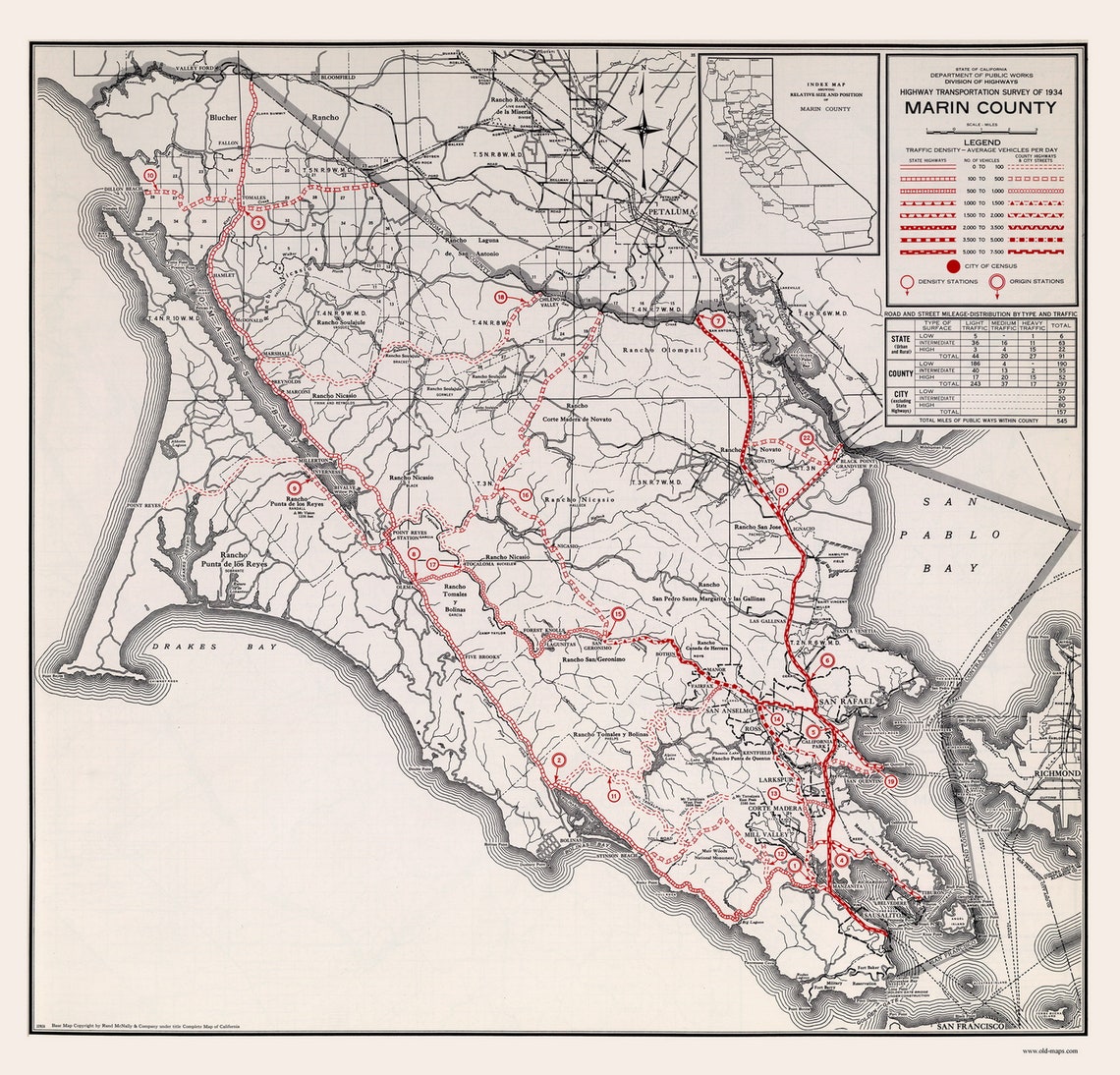 Marin County 1935 Highway Map 85 Years Ago Old Wall Map - Etsy