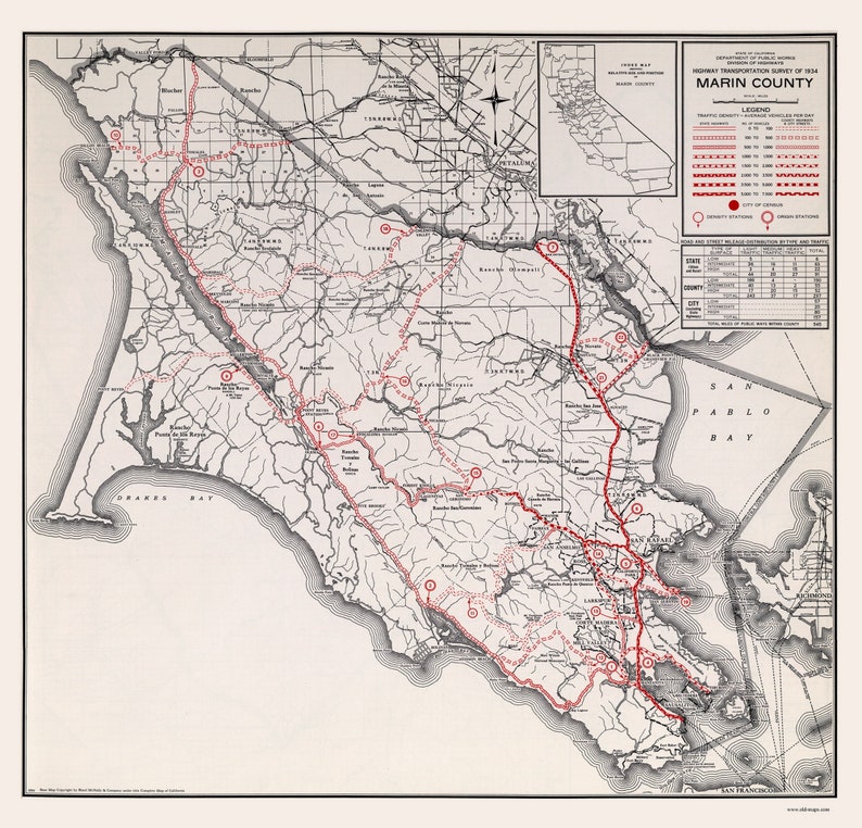 Marin County 1935 Highway Map 85 Years Ago Old Wall Map - Etsy