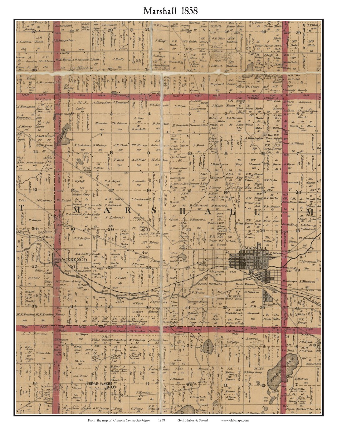 Marshall 1858 Old Town Map With Homeowner Names - Ceresco - Gardner ...