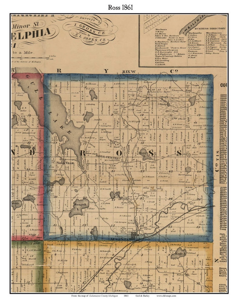 Ross 1861 Old Town Map With Homeowner Names - Gull Lake - Michigan ...