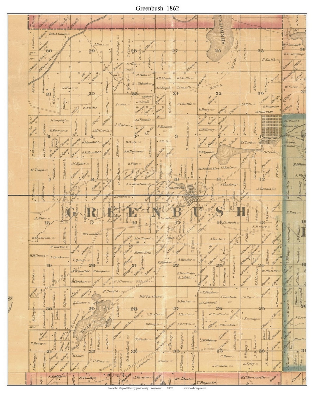 Greenbush 1862 - Old Town Map With Homeowner Names - Glenbeulah ...