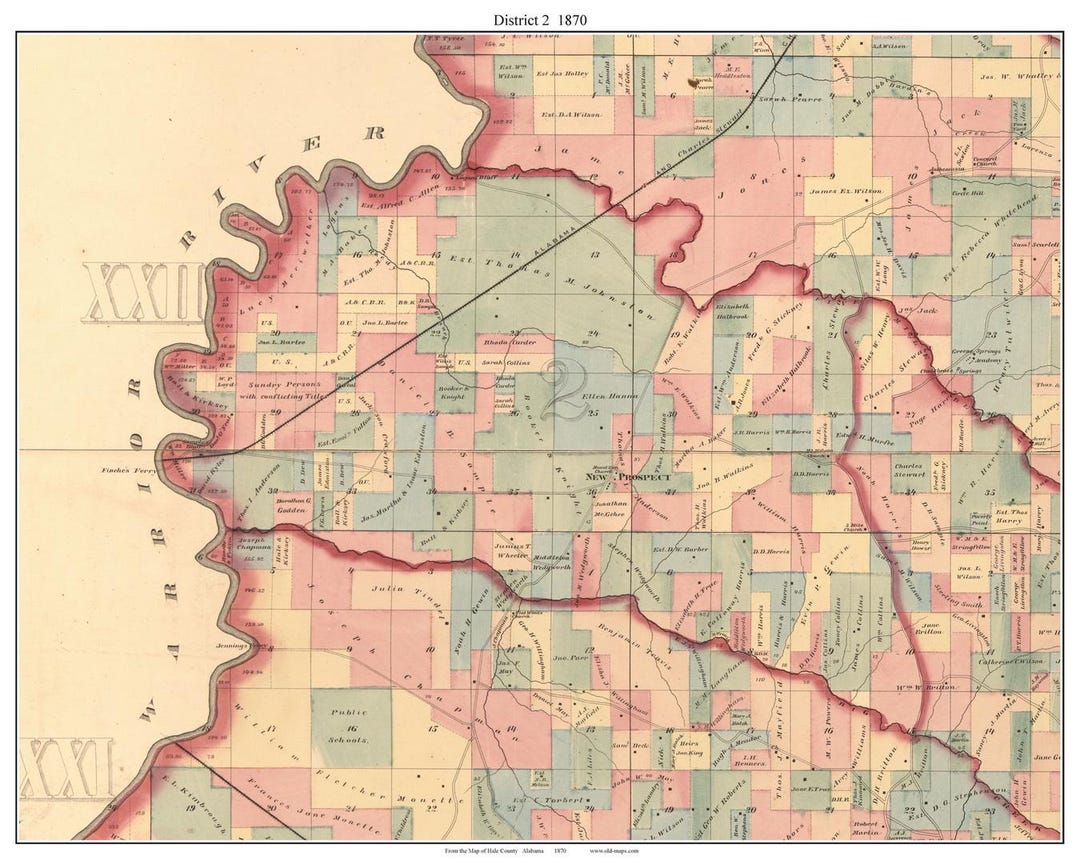 District 2 1870 Old Town Map With Homeowner Names - Alabama - Reprint ...