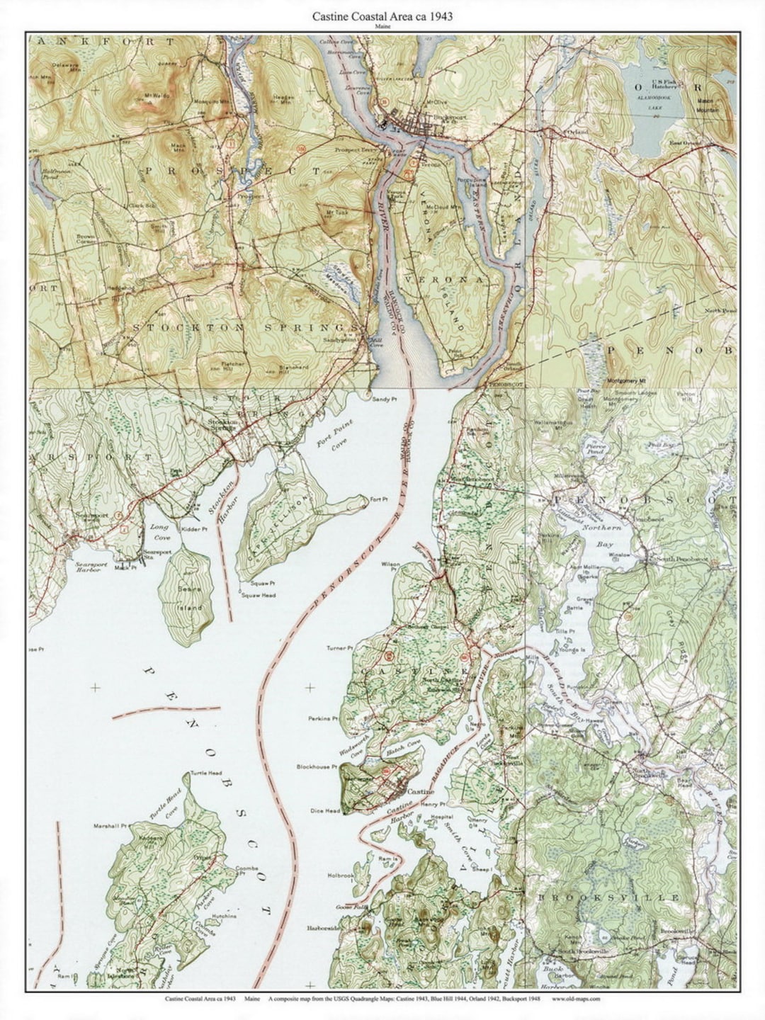 Castine Coast 1943 Old Topographic Map USGS Custom Composite Reprint ...