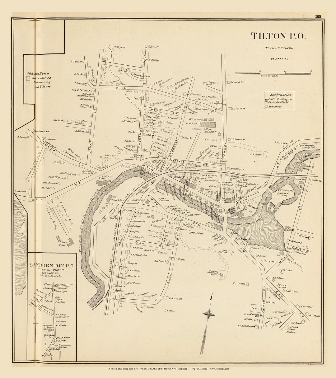 Tilton PO 1892 Old Town Map - Homeowner Names Custom Reprint Belknap ...