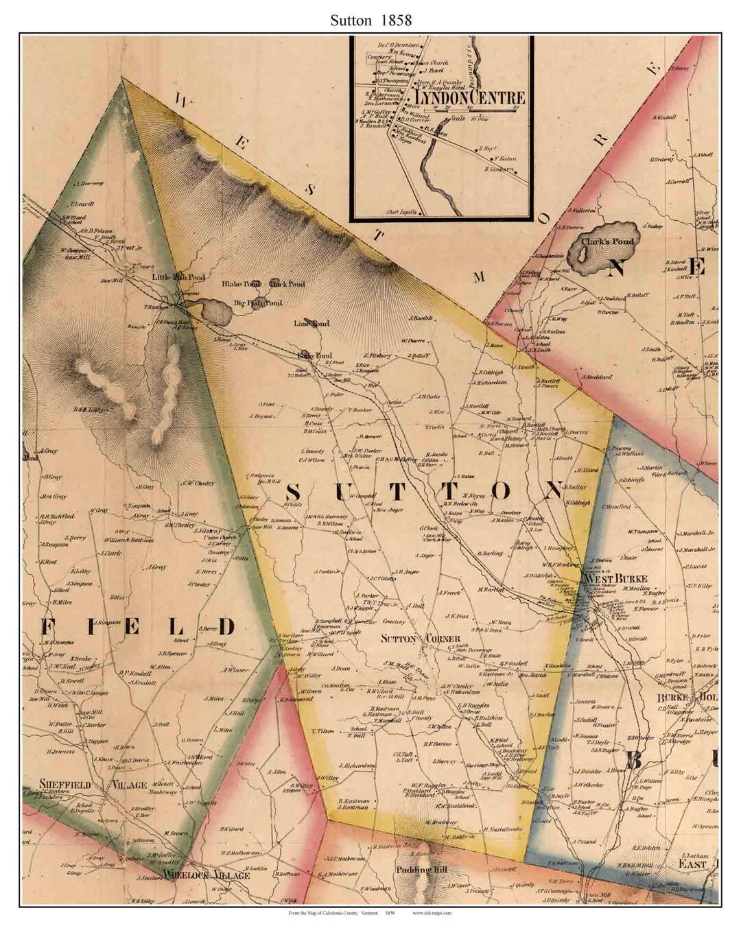 Sutton 1858 Old Town Map With Homeowner Names - Vermont - Reprint ...