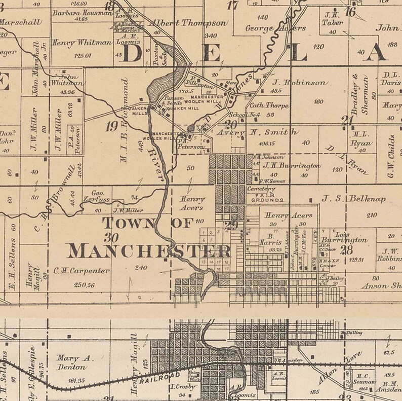 Delaware County Iowa 1882 Old Wall Map With Landowner Names Farm Lines ...