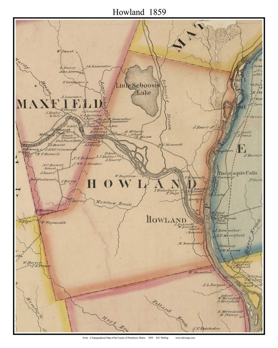 Howland 1859 Old Town Map With Homeowner Names Maine - Reprint ...