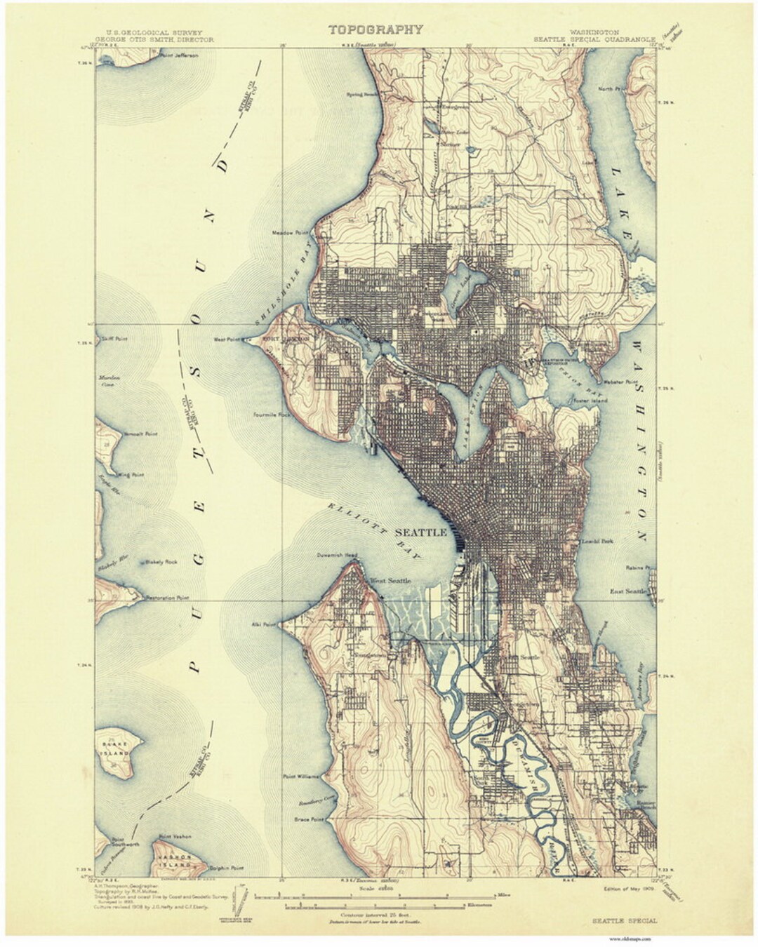 Seattle 1909 Old Topo Map - Puget Sound - Edited Reprint of the ...