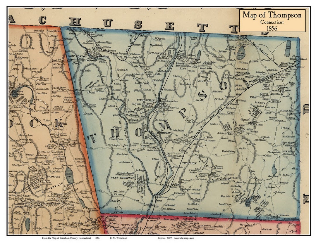 Thompson 1856 Old Town Map With Homeowner Names Connecticut - Reprint ...
