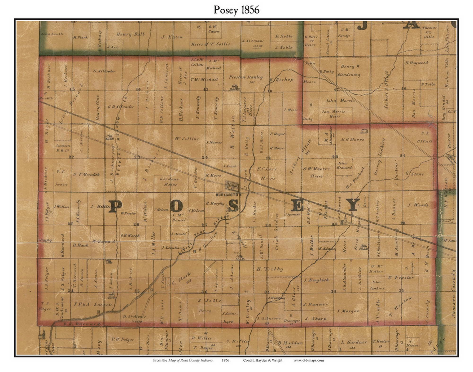 Posey 1856 Old Town Map With Homeowner Names Indiana Burlington ...