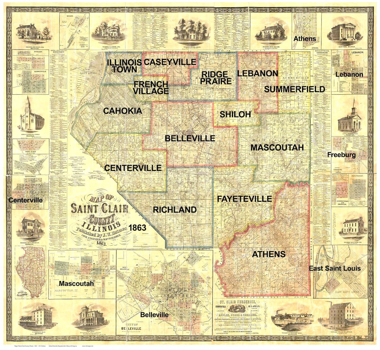 Saint Clair County Illinois 1863 Old Wall Map Reprint With - Etsy