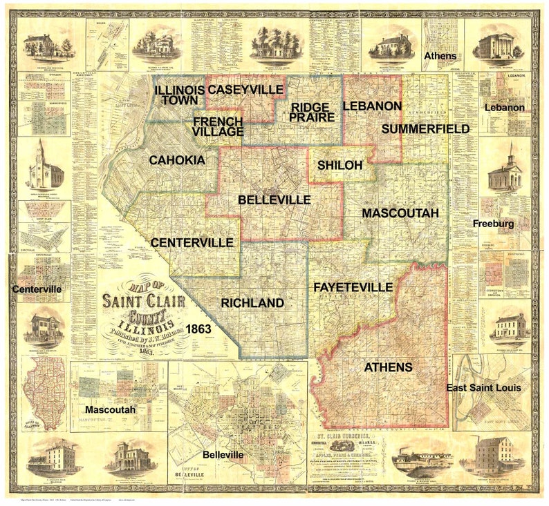 Saint Clair County Illinois 1863 Old Wall Map Reprint With - Etsy