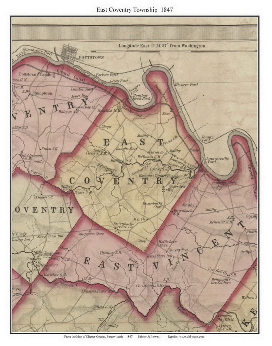 East Coventry 1847 Old Town Map With Homeowner Names Pennsylvania ...