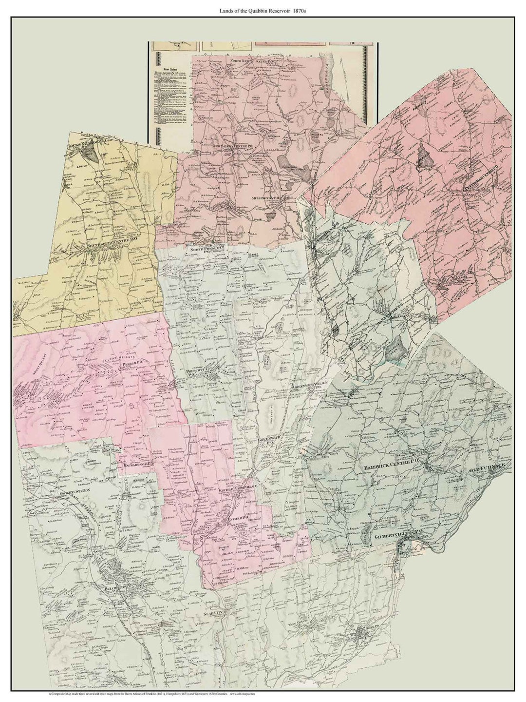 Quabbin - 1870s Map of Lands Now Covered by Quabbin Reservoir Custom ...