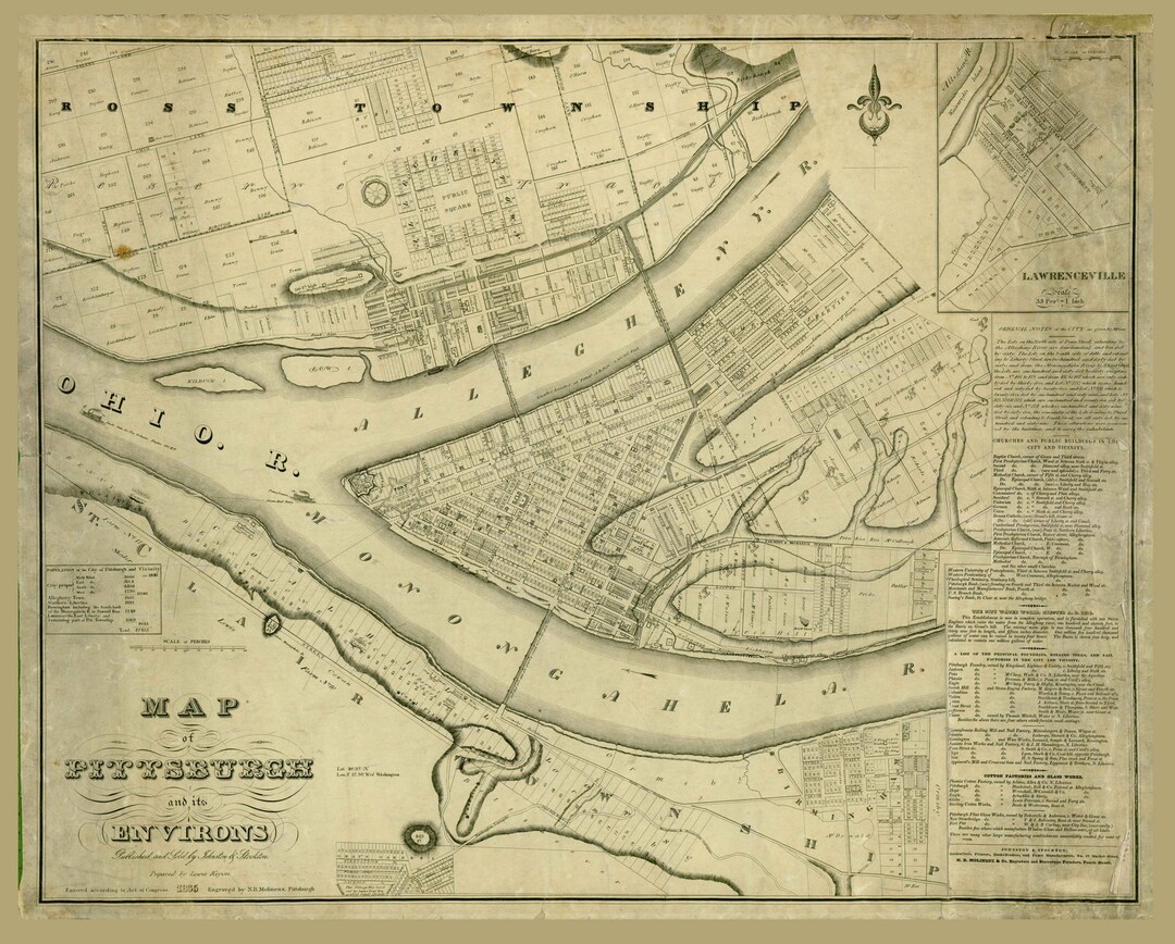 Pittsburgh 1835 Old Map Reprint Roads Placenames Pennsylvania Cities - Etsy