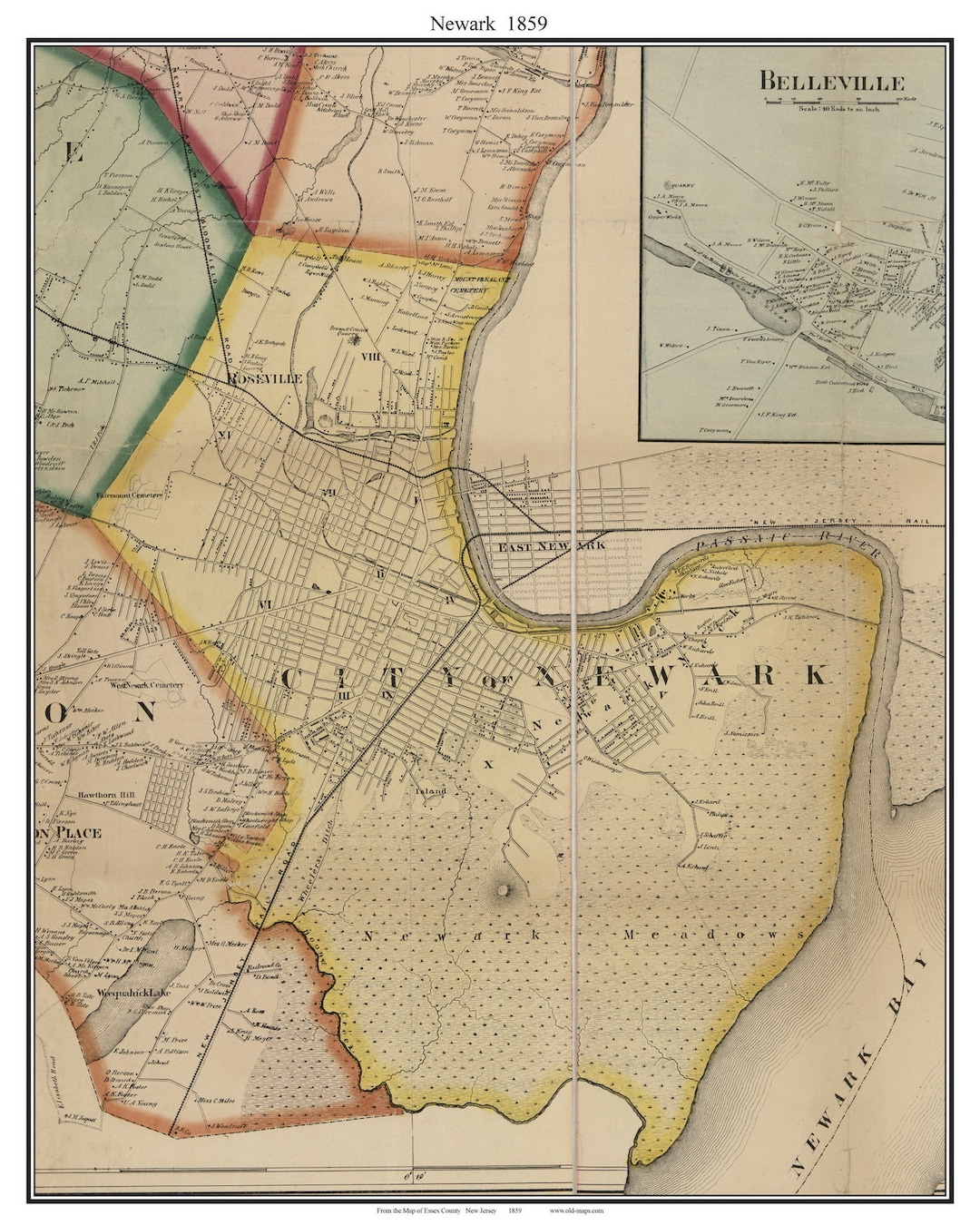 Newark 1859 Old Town Map With Homeowner Names New Jersey Reprint ...
