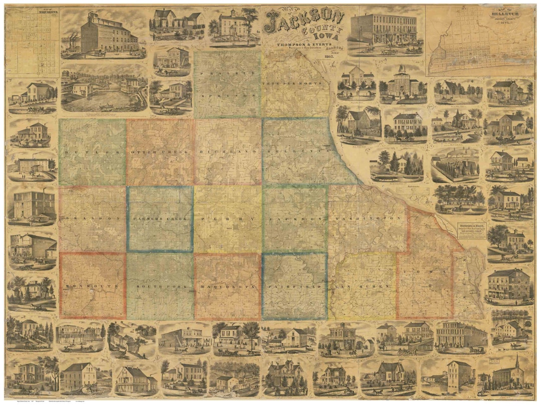 Jackson County Iowa 1867 Old Wall Map With Landowner Names Farm Lines ...