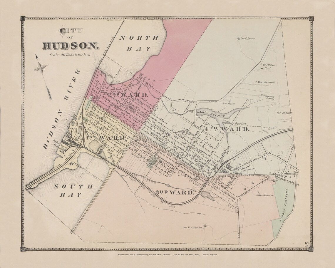 Hudson City 1873 Old Map Homeowner Names Reprint Columbia Co Beers ...