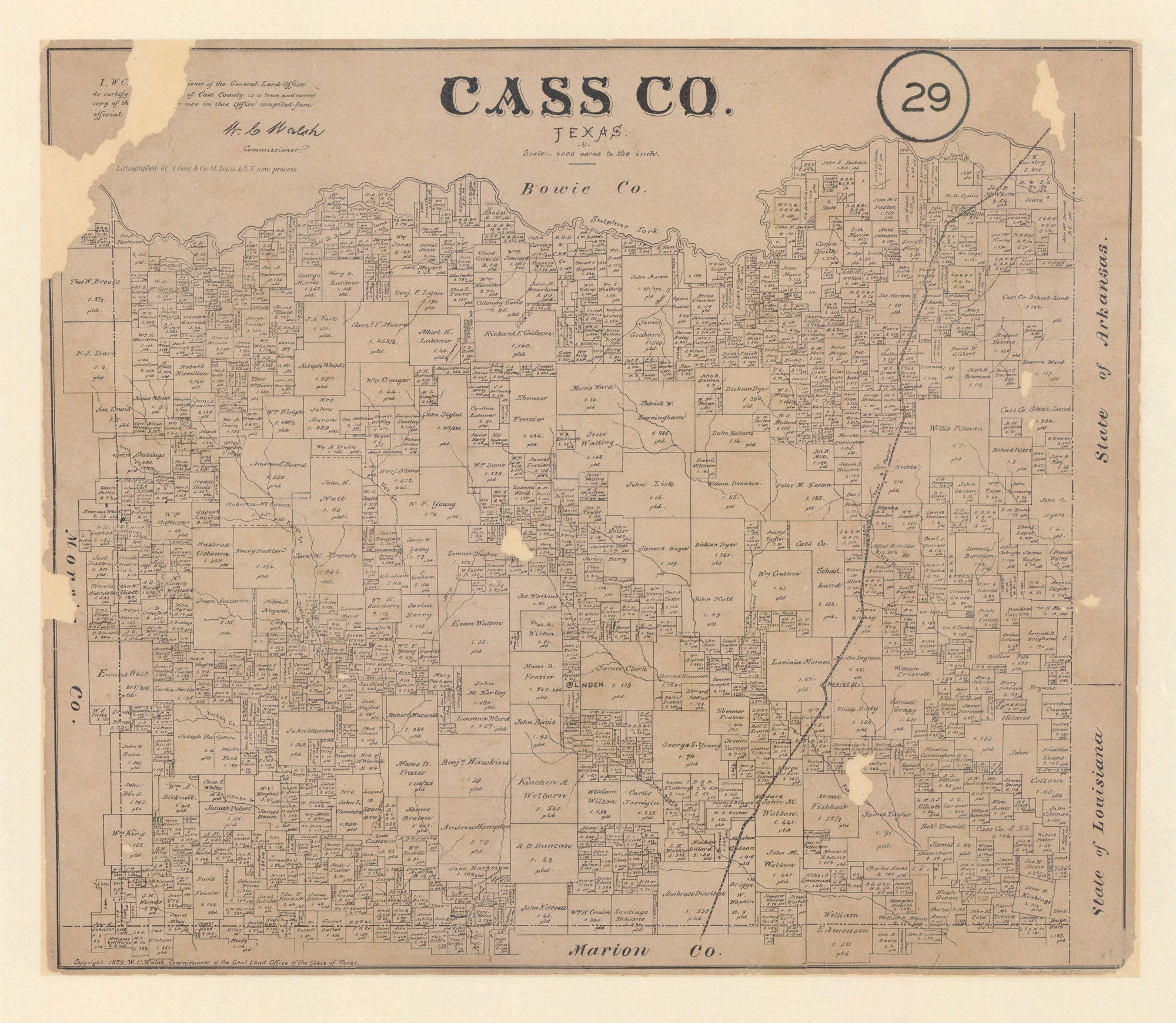 Cass County, Texas 1879 Old Wall Map Reprint With Land Owners Names ...