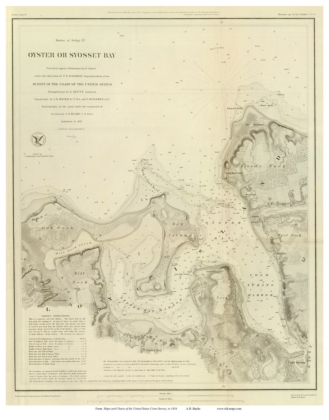 Oyster or Syosset Bay, Long Island - 1847 Nautical Map - Reprint - 18 ...