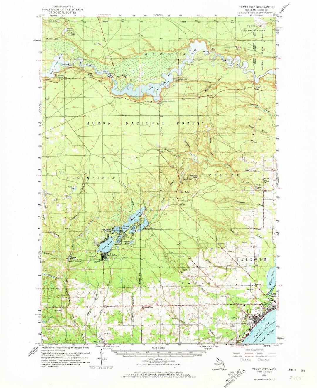Tawas 1959 1973 Old Topo Map Sand Lake Au Sable River Indian Lake Quad ...