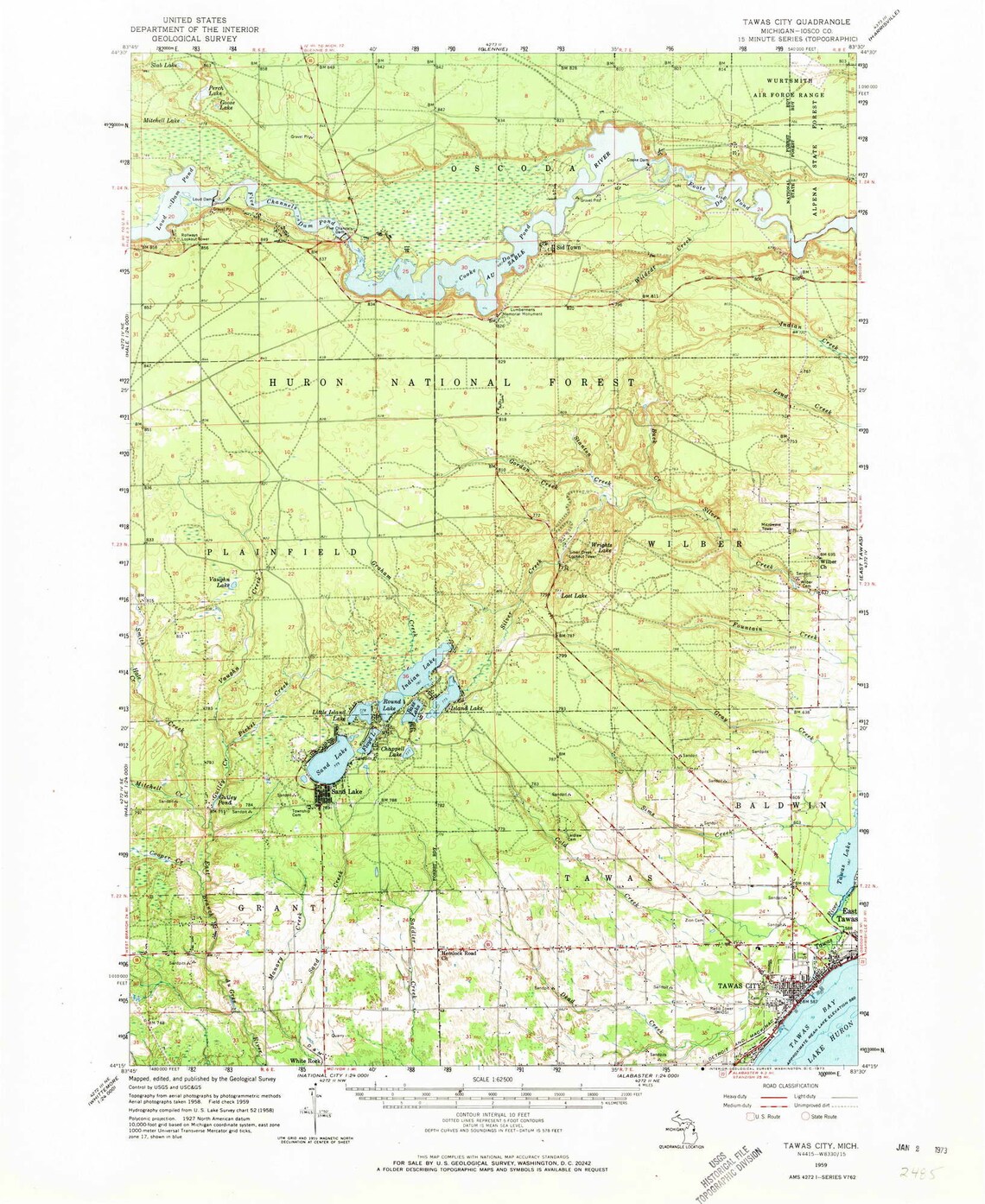 Tawas 1959 1973 Old Topo Map Sand Lake Au Sable River - Etsy