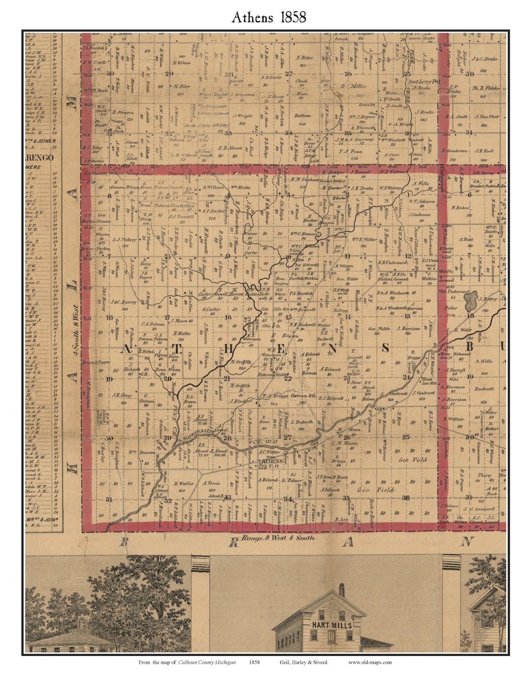 Athens 1858 Old Town Map With Homeowner Names Michigan - Reprint ...