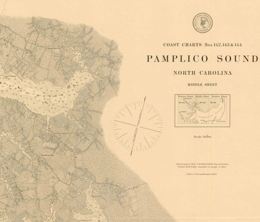 Pamlico Sound Middle Sheet -1883 Outer Banks North Carolina - Nautical ...