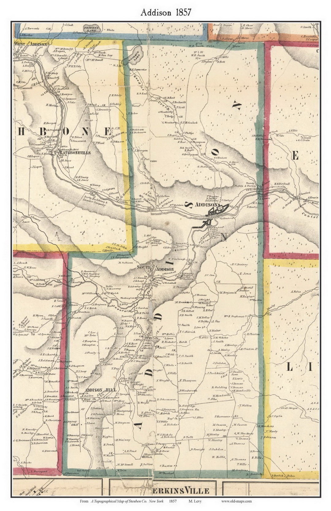 Addison 1857 Old Town Map With Homeowner Names New York Reprint ...