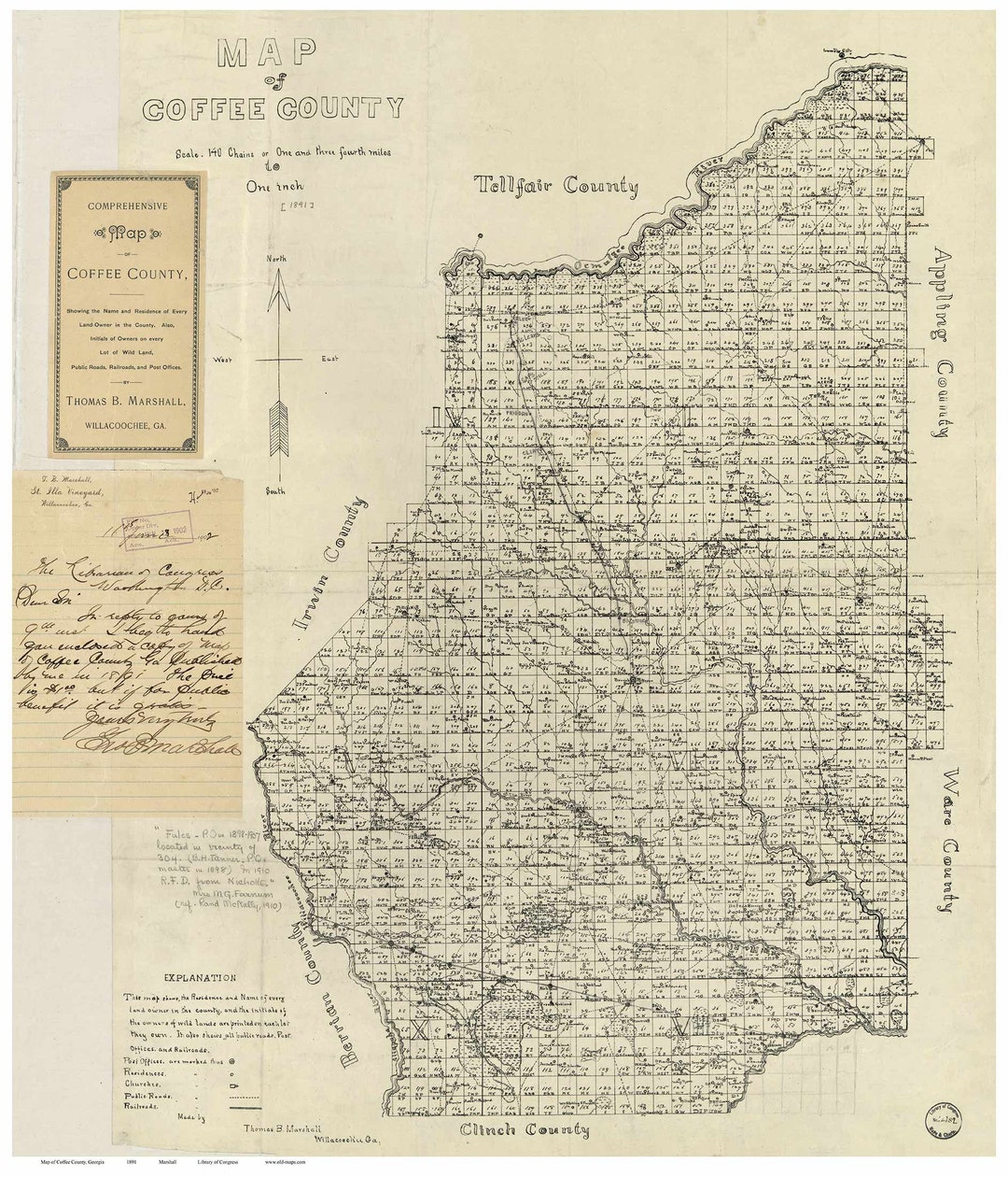 Coffee County Old 1891 Map Georgia - Wall Map With Homeowner Names ...