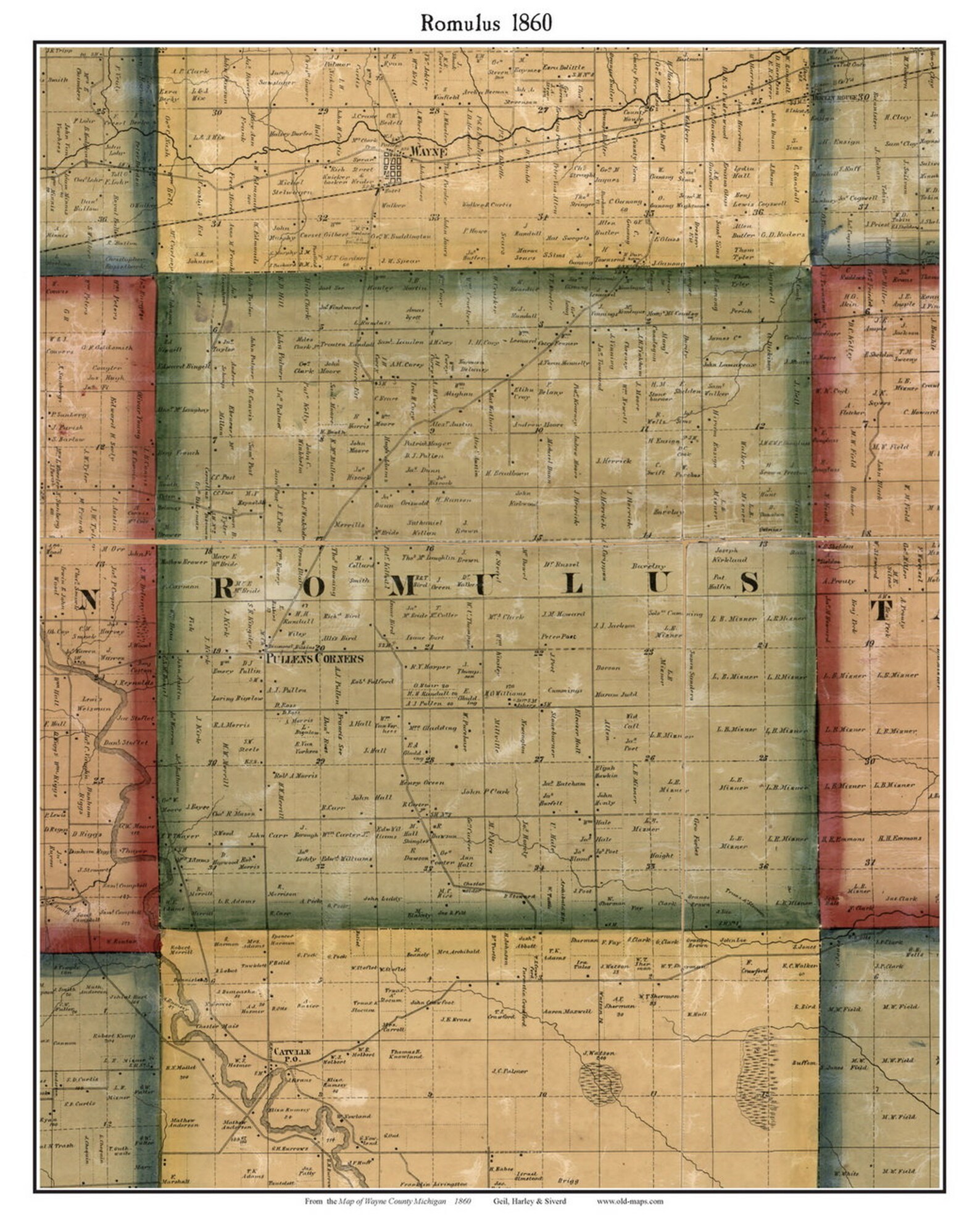 Romulus 1860 Old Town Map With Homeowner Names Pullens Corners Michigan ...