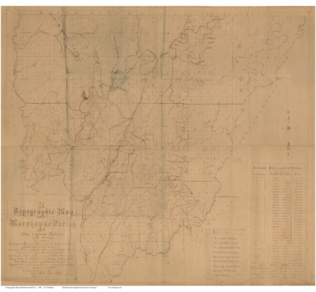 Morehouse Parish Louisiana 1896 - Old County Wall Map With Landowner ...