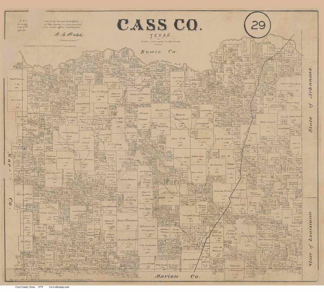 Cass County, Texas - 1879 - Old Wall Map Reprint With Land Owners Names ...