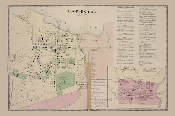 Cooperstown 1868 Old Town Map Reprint Otsego County New York - Etsy