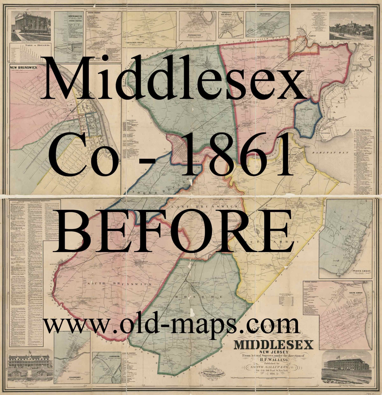 Middlesex County New Jersey 1861 Old Wall Map Reprint With | Etsy