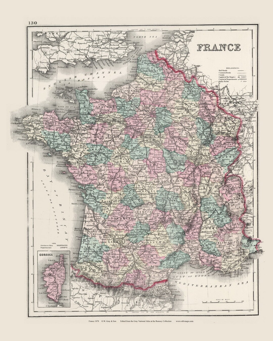 France 1878 Old Map - O.W. Gray Europe - World Map USA Atlas - Etsy