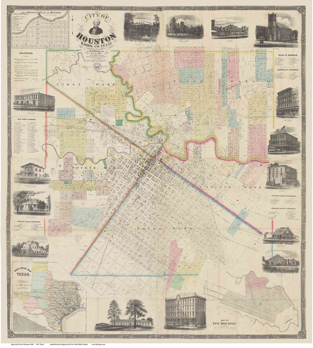 Houston Texas 1869 Old Map Very Detailed -owner Names - Reprint - Texas ...