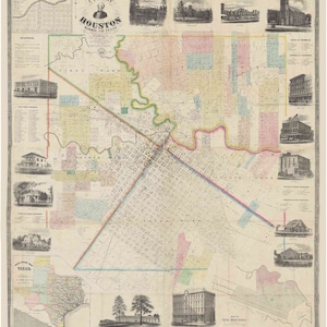 Houston Texas 1869 Old Map Very Detailed -owner Names - Reprint - Texas ...