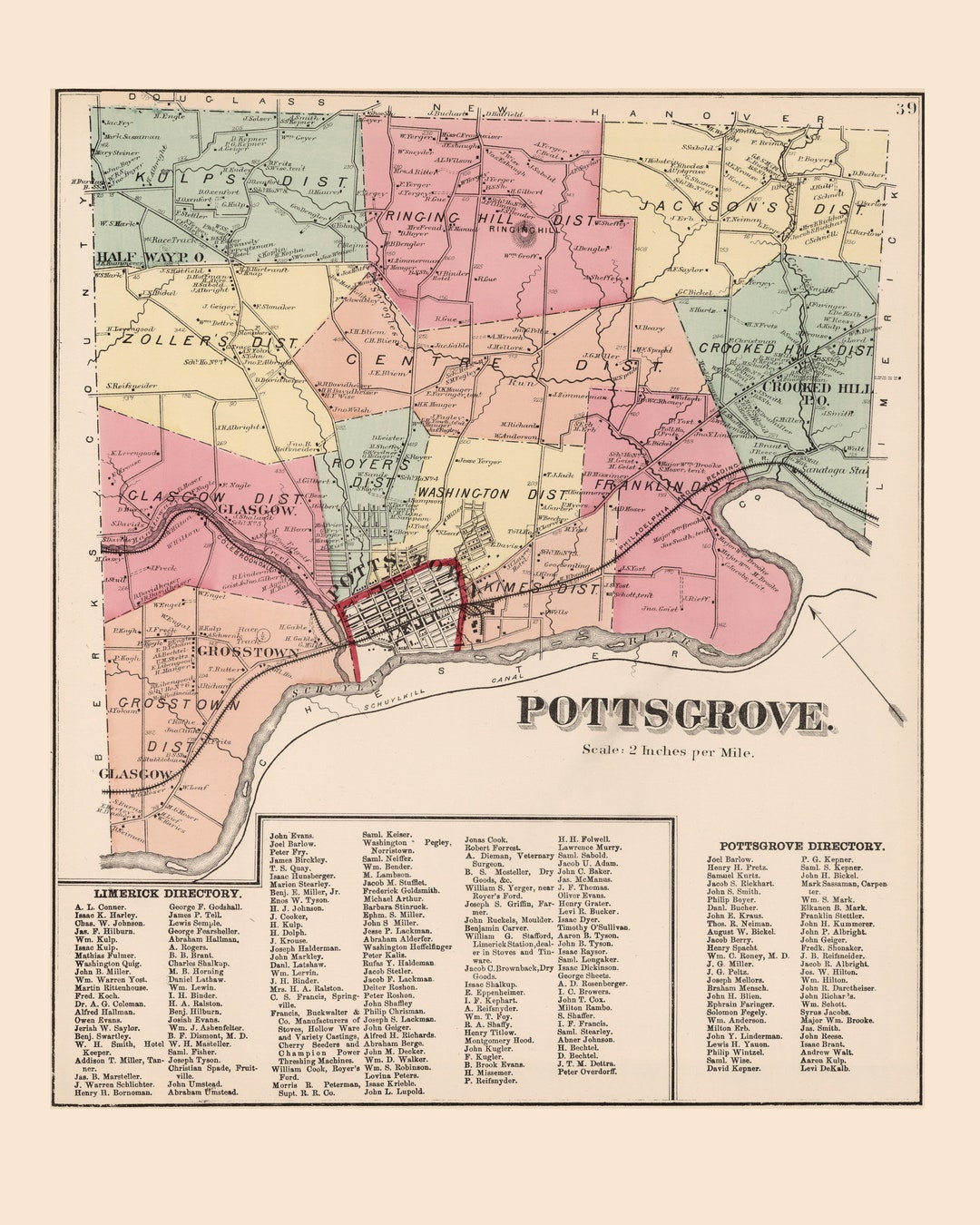 Pottsgrove 1871 Old Town Map Homeowner Name Crooked Hill Pottstown ...