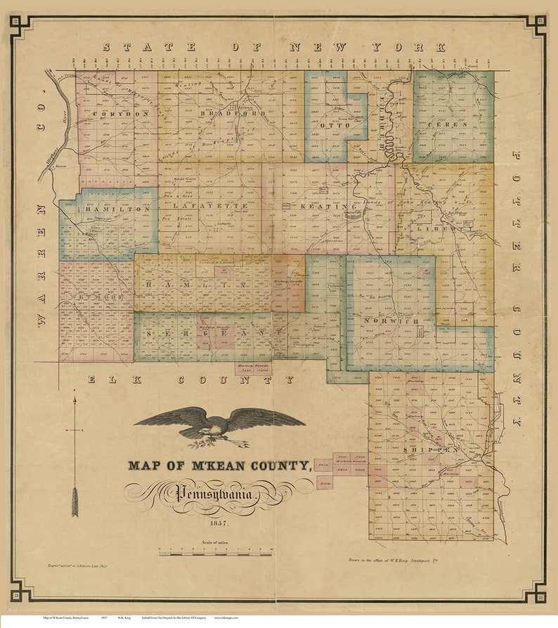 Mckean County Pennsylvania 1857 Wall Map With Landowner - Etsy