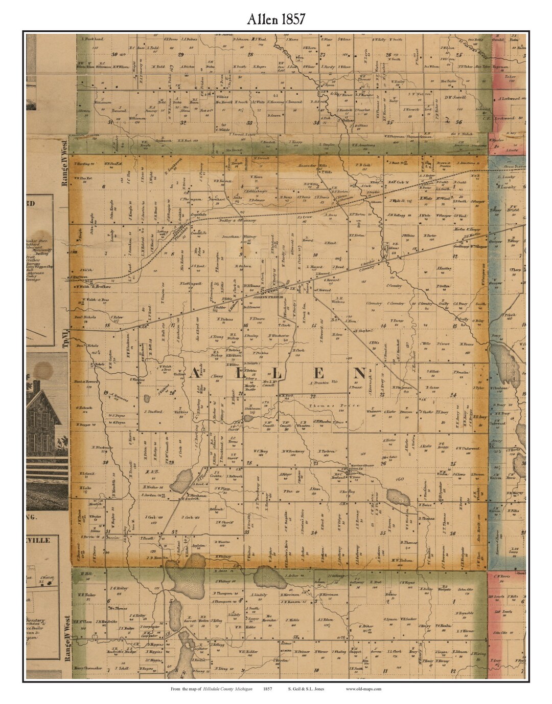 Allen 1857 Old Town Map With Homeowner Names Michigan - Reprint ...