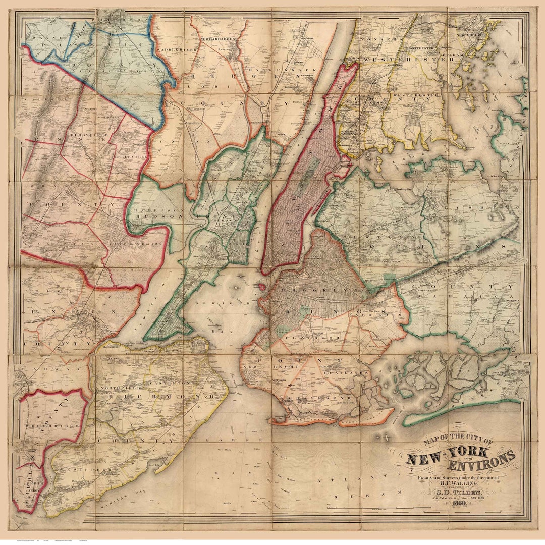 New York City Map 1860 - Old Wall Map With Homeowner Names - REPRINT ...