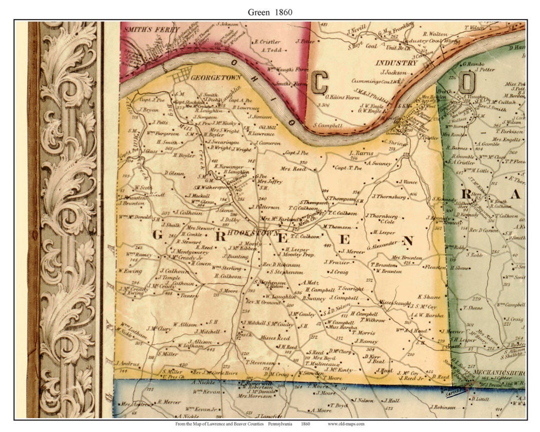 Green 1860 Old Town Map With Homeowner Names - Pennsylvania - Reprint ...