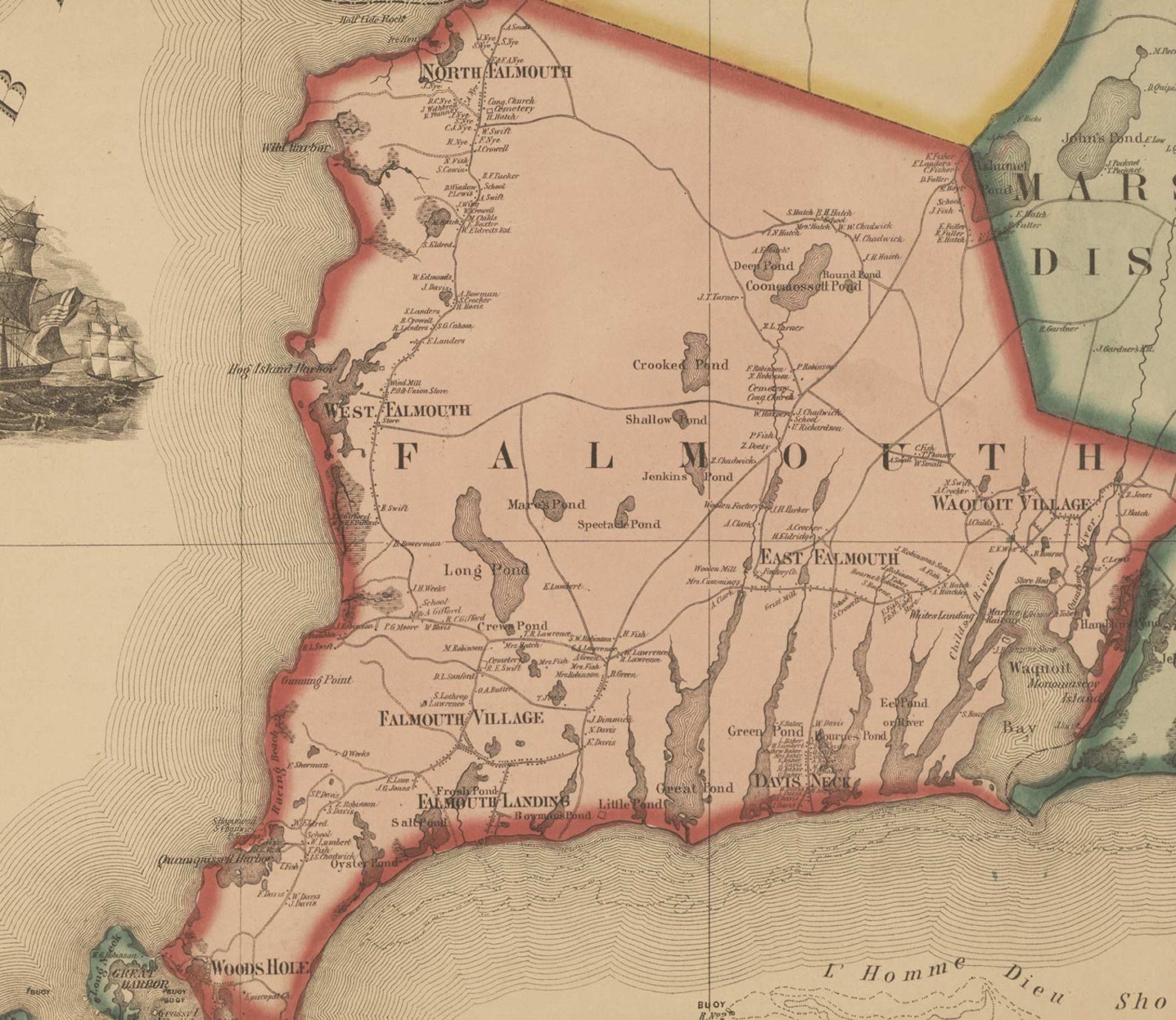 Cape Cod 1858 Map - Wall Map Reprint With Homeowner Names - Barnstable ...