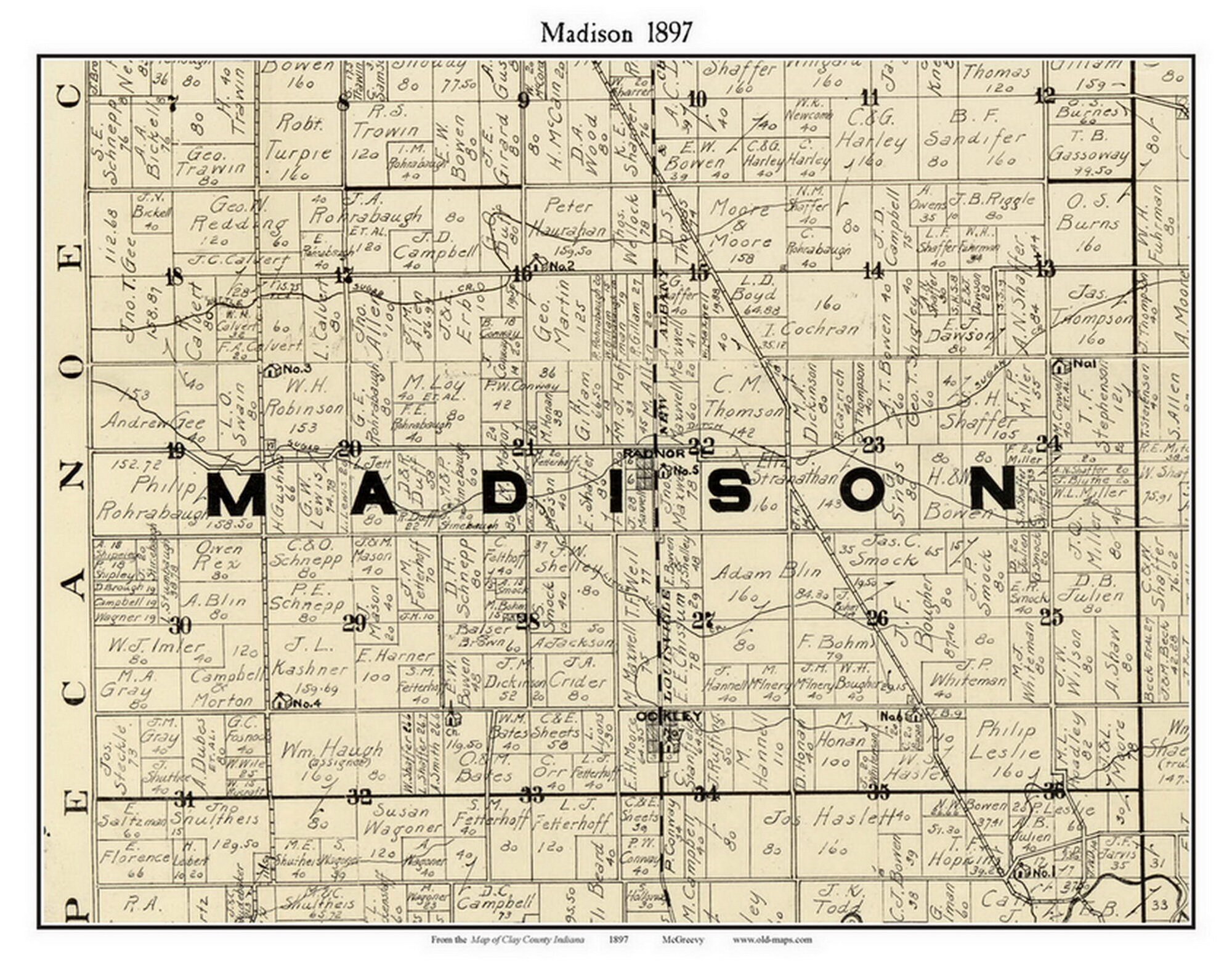 Madison 1897 Old Town Map With Homeowner Names Indiana Radnor Ockley ...