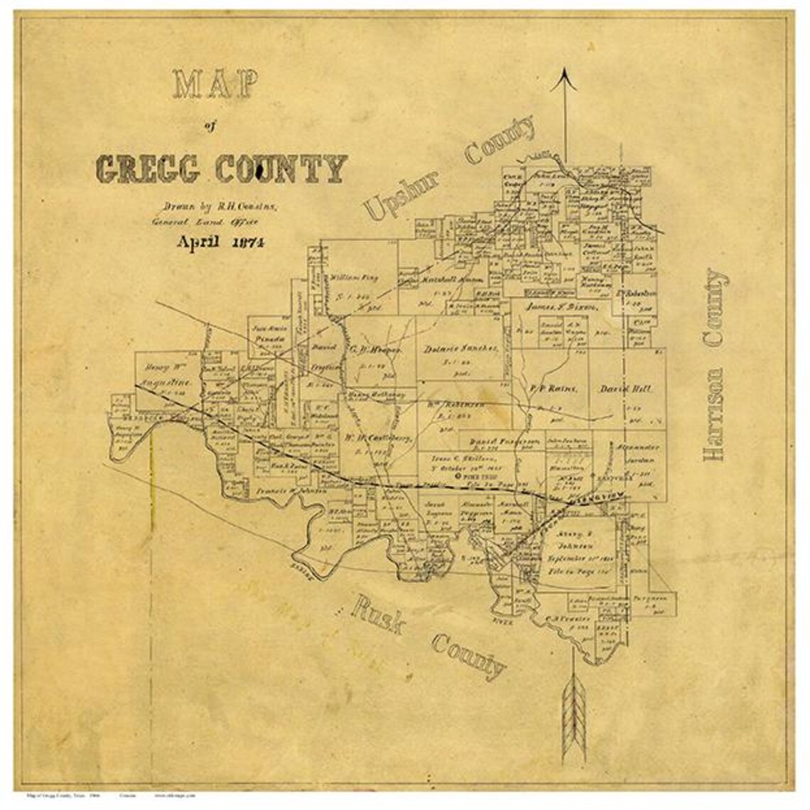 Gregg County, Texas - 1876 - Old Wall Map Reprint With Land Owners ...