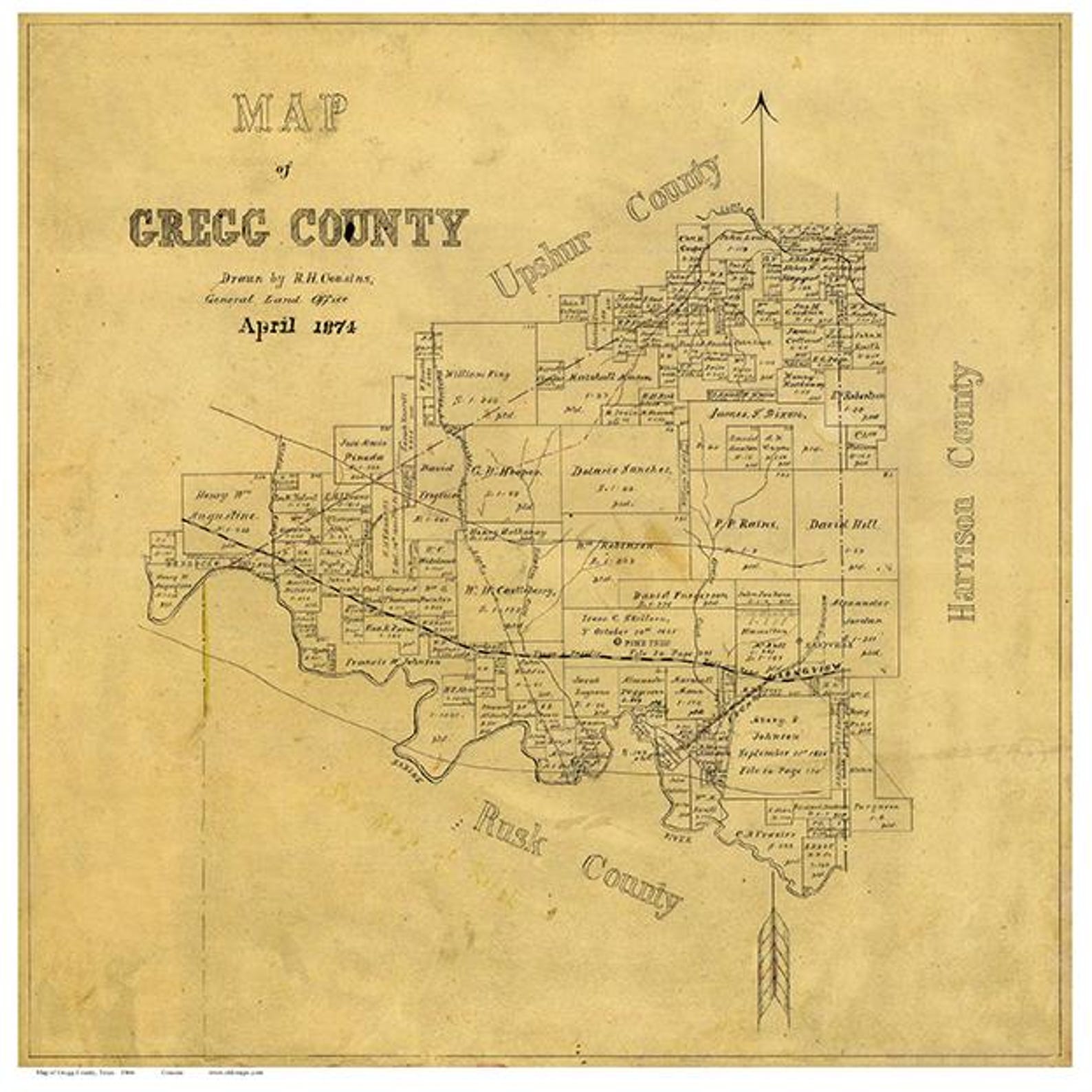 Gregg County, Texas - 1876 - Old Wall Map Reprint With Land Owners ...