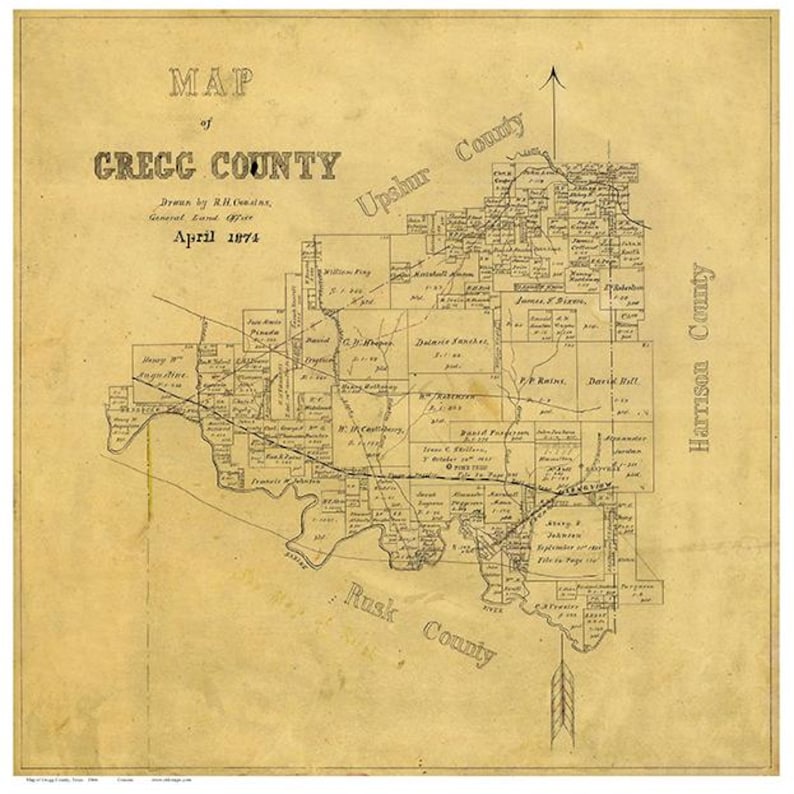 Gregg County, Texas - 1876 - Old Wall Map Reprint With Land Owners ...