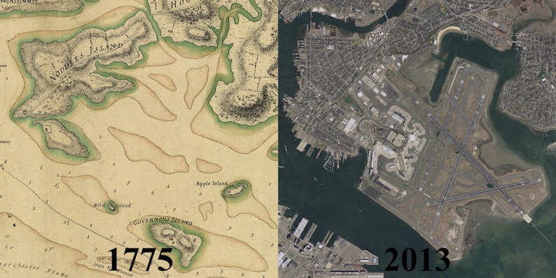 Boston Maps Then & Now 1775 Rebel Works 2013 Air Photo 2 - Etsy